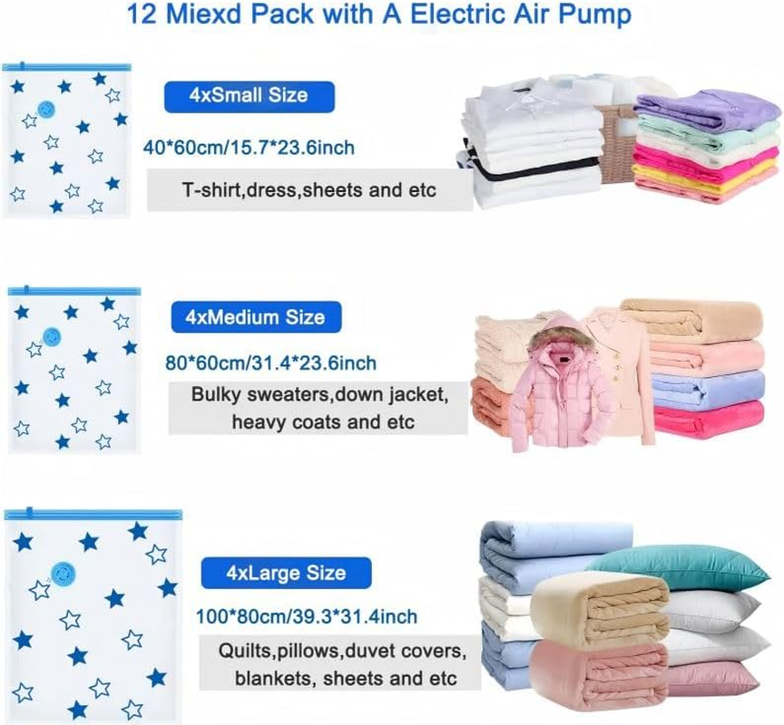 Vacuum Storage Bags with Electric Pump, 12-Pack Space Saver Bag(4 Large ...