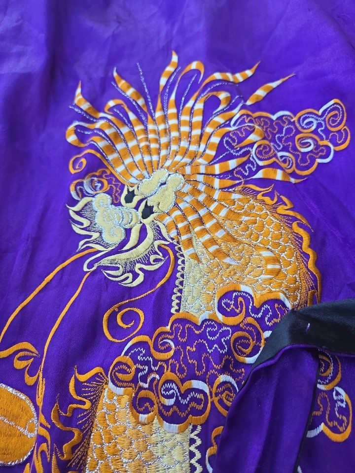Reversible Embroidered Dragon Satin Robe Kimono L Purple/Black, Pockets ...