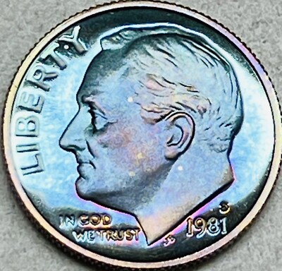 1981 S 10C ROOSEVELT PROOF DIME GEM UNC DCAM COIN NATURAL RAINBOW ...