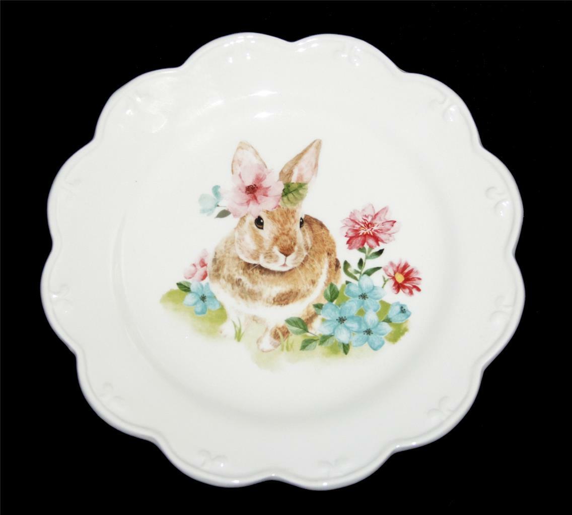 4 Grace Teaware Brown Bunny in Flowers Embossed Scalloped Border Salad ...