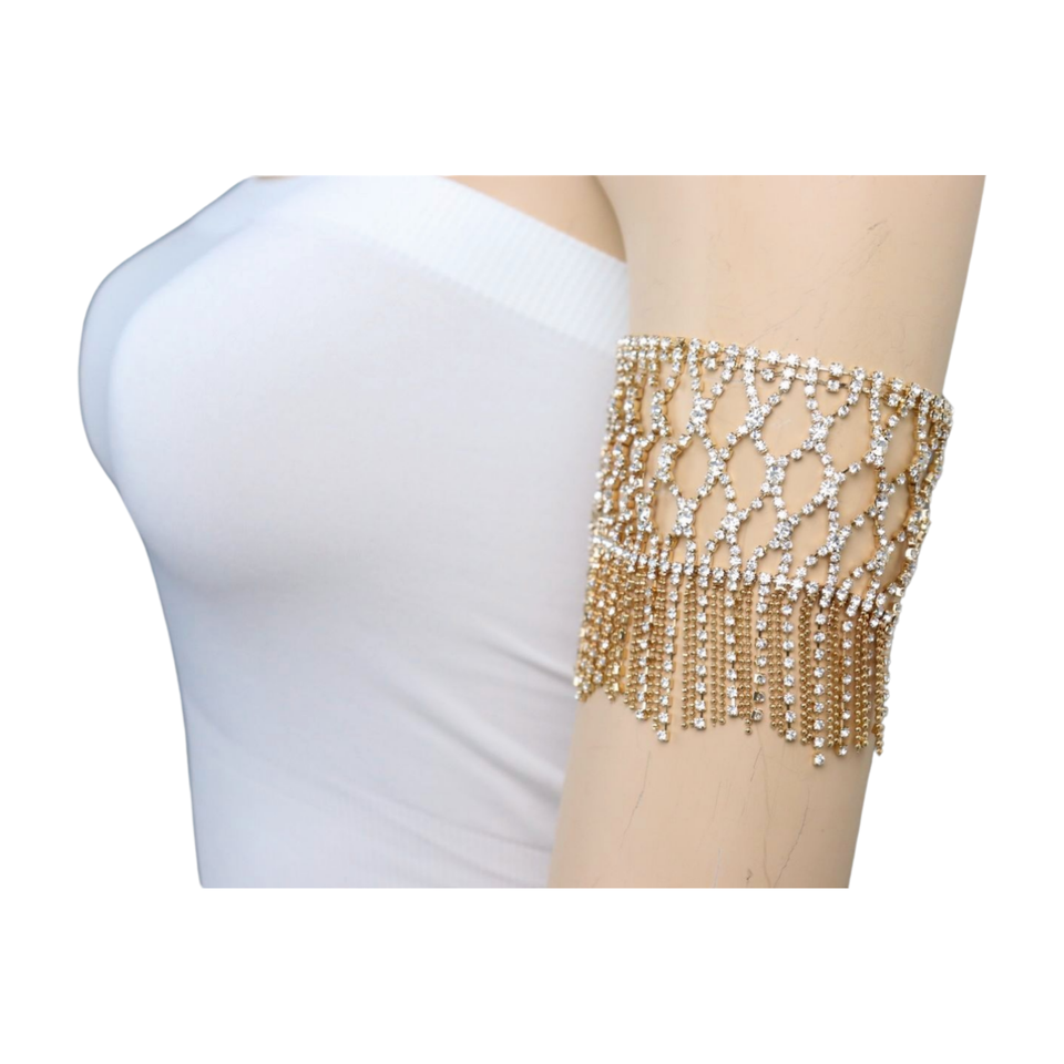Women Gold Metal Chain Tassel Upper Arm Bracelet Elastic Wide Band ...