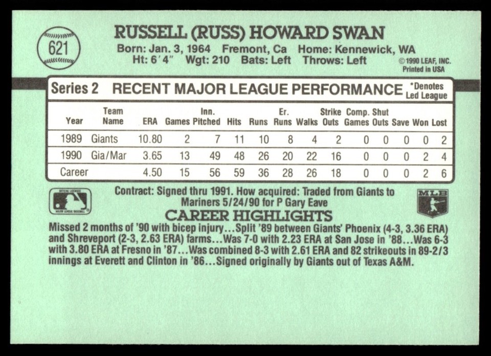 1991 Donruss #621 Russ Swan Rookie Seattle Mariners | eBay