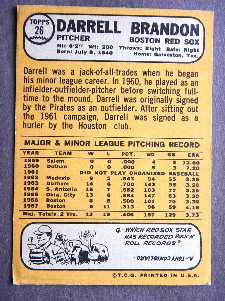 Darrell Brandon #26 Topps 1968 Baseball Card (Boston Red Sox) *VG | eBay