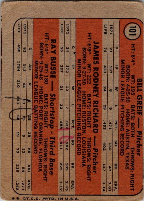 1972 Topps #101 Astros 1972 Rookie Stars (Greif / Richard / Busse) *VG ...