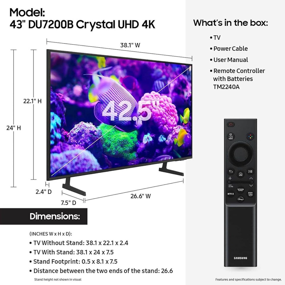 Samsung 43" DU7200 Class Crystal 4K UHD LED Smart TV | eBay