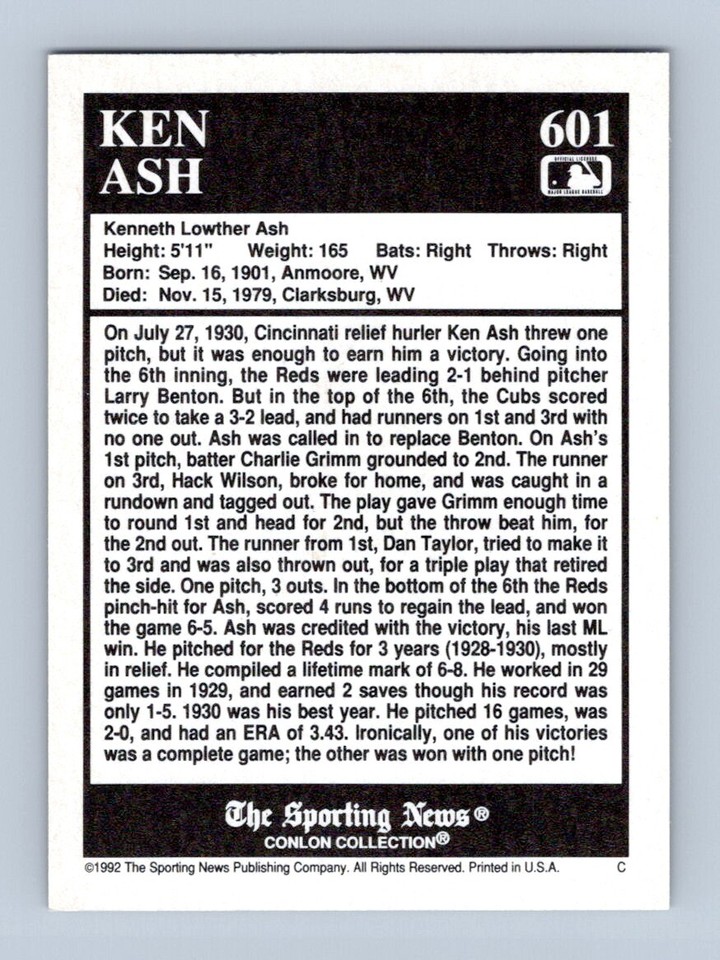 1992 Conlon Collection #601 Ken Ash | eBay