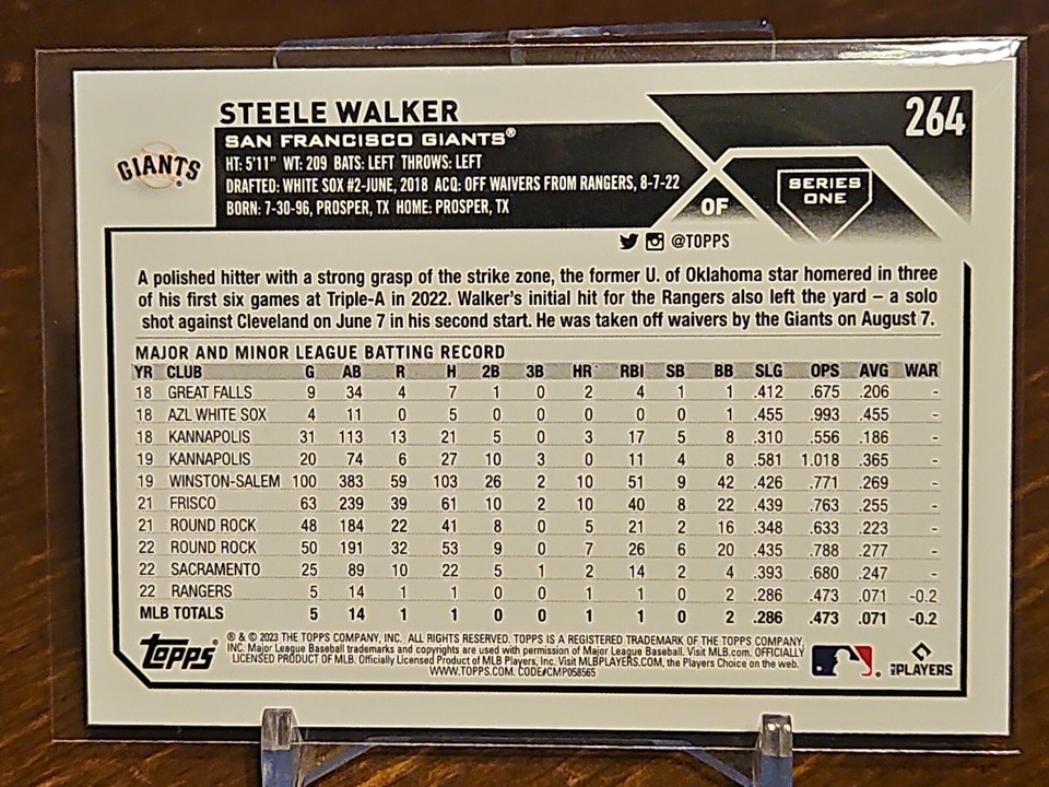 2023 Topps Series 1 #264 Steele Walker San Francisco Giants RC ROOKIE ...