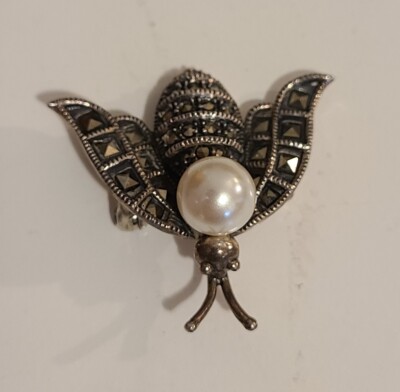 VINTAGE JUDITH JACK STERLING MARCASITE BEE PIN BROOCH PEARL ACCENT | eBay