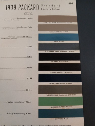 1939 PACKARD Car Paint Color Chip Chart Sheet Sherwin-Williams Samples ...