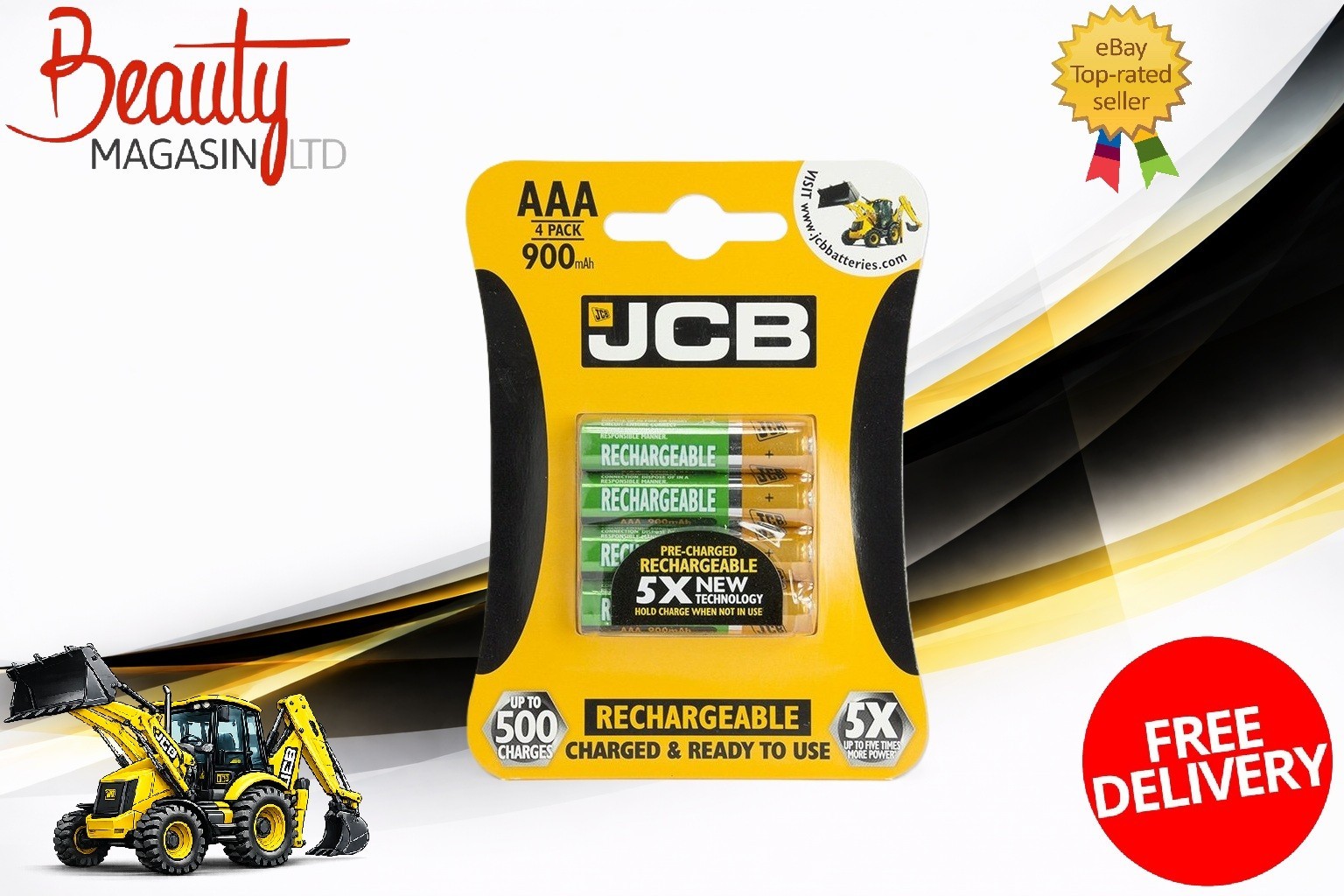 4 x JCB AAA Rechargeable Batteries NiMH 900mAh Pre-Charged High Power ...