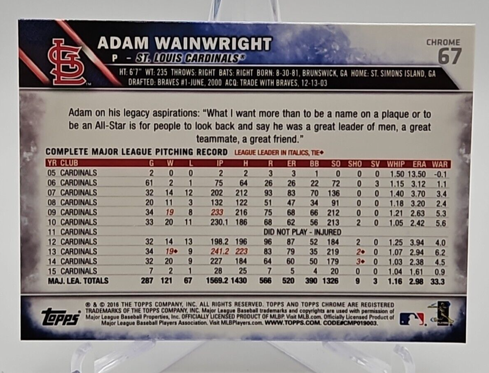 2016 Topps Chrome Adam Wainwright St. Louis Cardinals Baseball Card No ...