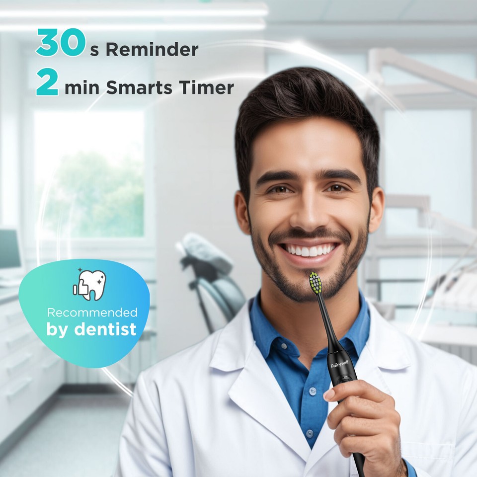 Fairywill Electric Toothbrush USB Rechargeable 8 Brush Heads 5 Modes ...