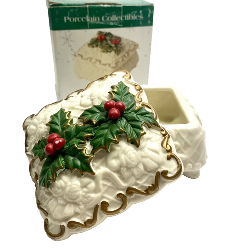 Porcelain Trinket Jewelry Christmas Holly Square Lidded Box ...