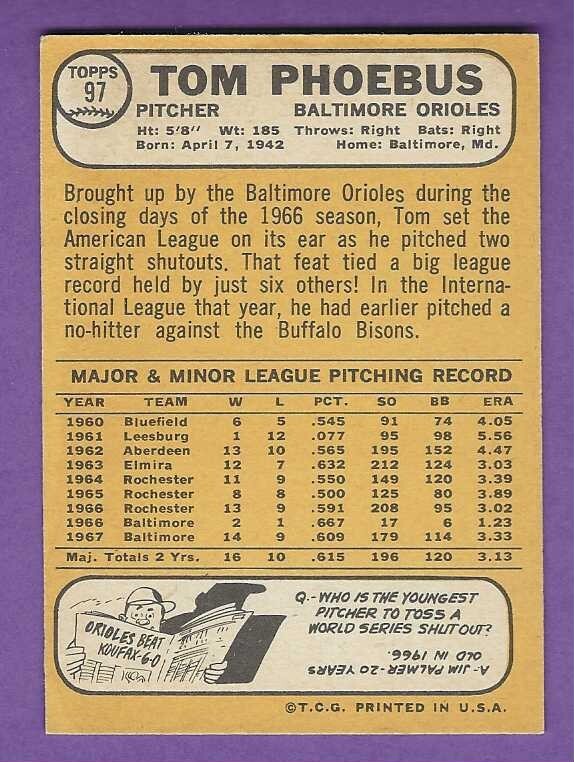 1968 Topps - #97 Tom Phoebus - Baltimore Orioles - ExMt | eBay