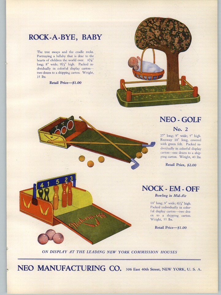 1928 PAPER AD Neo Manufacturing Toy Toys Golf Bowl O Pool Diddle Diddle ...