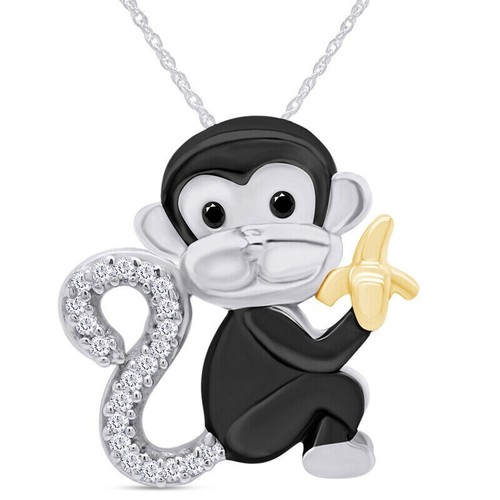 Black & White Simulated Diamond Accent Monkey Pendant Necklace Sterling ...
