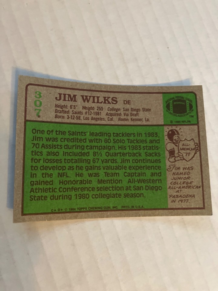 NEW ORLEANS saints San Diego state Jim wilks 1984 topps rooki footbal ...