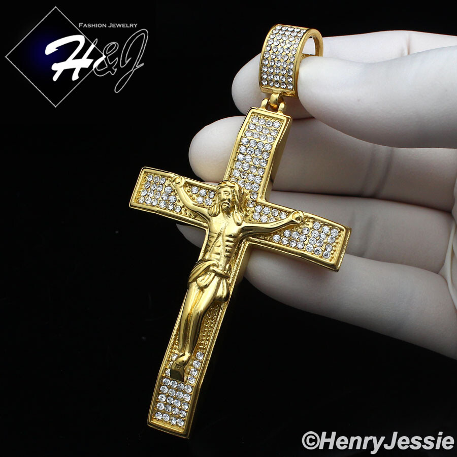 MEN STAINLESS STEEL ICY BLING CZ SILVER/GOLD PLATED BIG JESUS CROSS ...