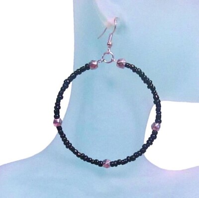 2" Shiny Black Color Hoop Bohemian Bling Handmade Bali Seed Bead ...