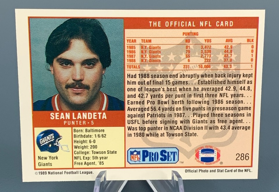 1989 NFL Pro Set Sean Landeta Card #286 New York Giants Football ...