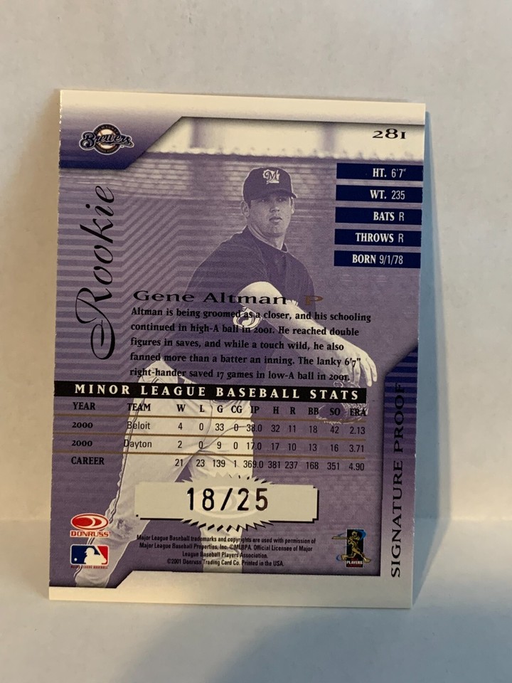 2001 Donruss Signature Proofs #281 Gene Altman - Serial #'d/25 | eBay