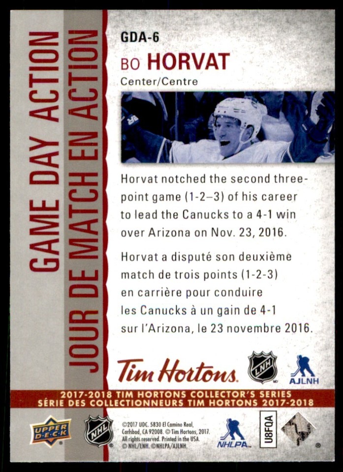 2017-18 Upper Deck Tim Hortons Game Day Action Bo Horvat Vancouver ...