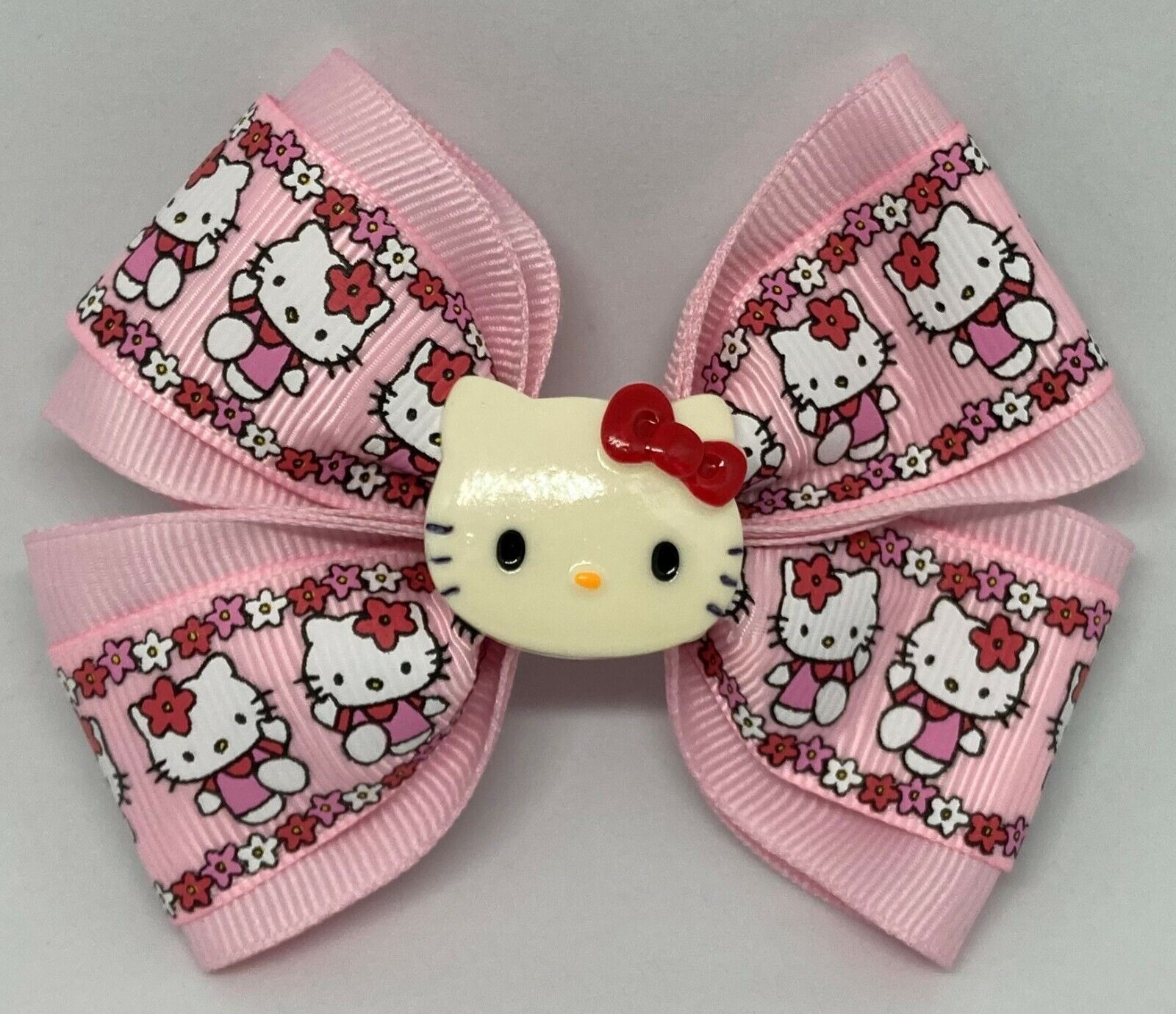 Girls Hair Bow 4" Wide Hello Kitty Flowers Pink Ribbon Flatback French ...