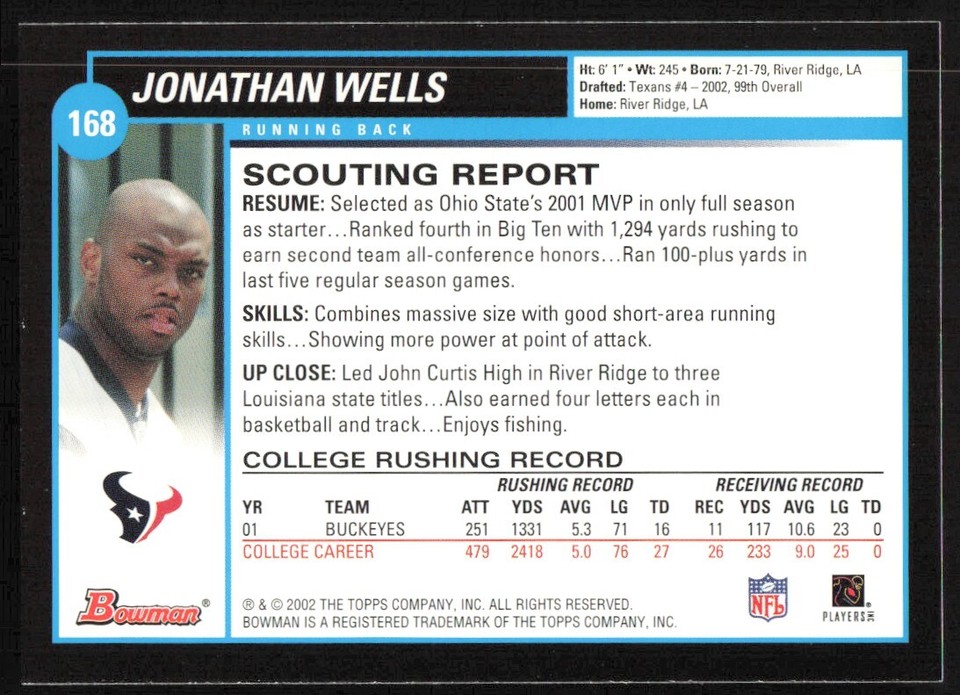2002 Bowman Football Jonathan Wells RC #168 Houston Texans | eBay