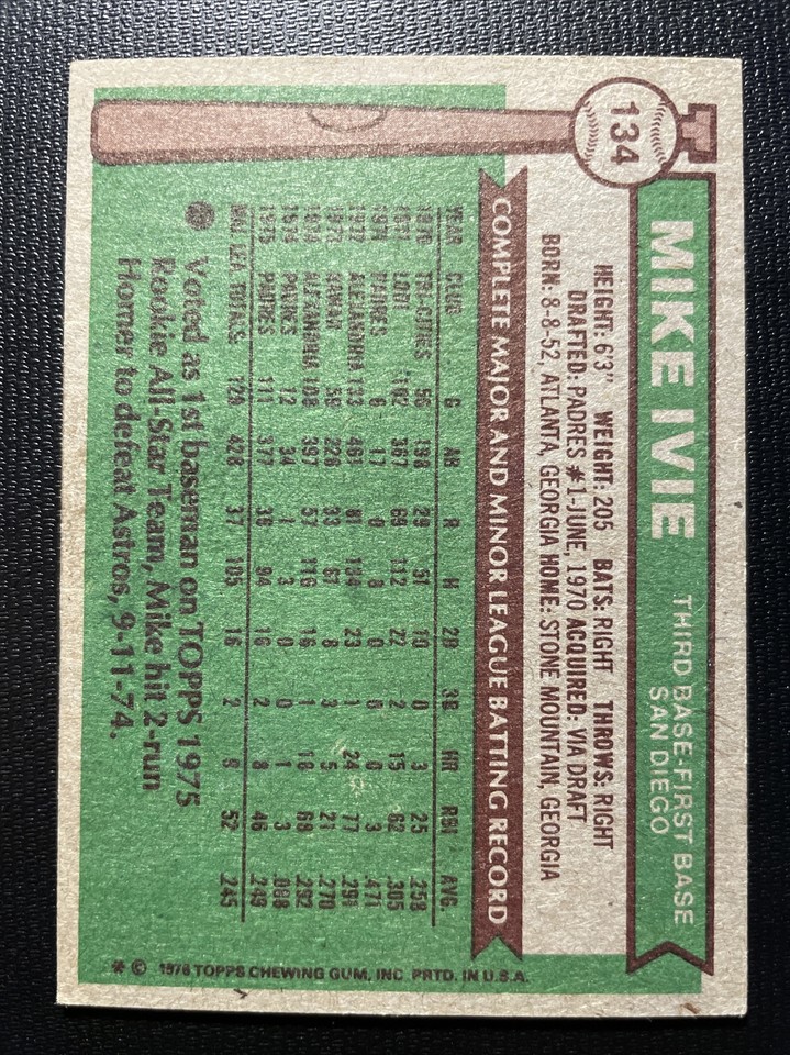 1976 Topps #134 Mike Ivie Baseball Card All Star Rookie San Diego ...
