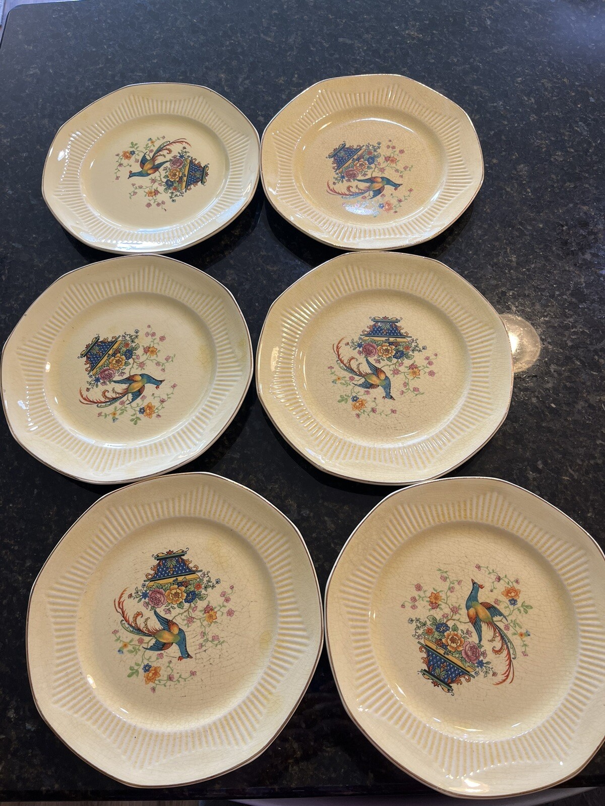 Dinner Plates Cups Saucers Yellow Bird of Paradise Set 18 Antique Ivory ...