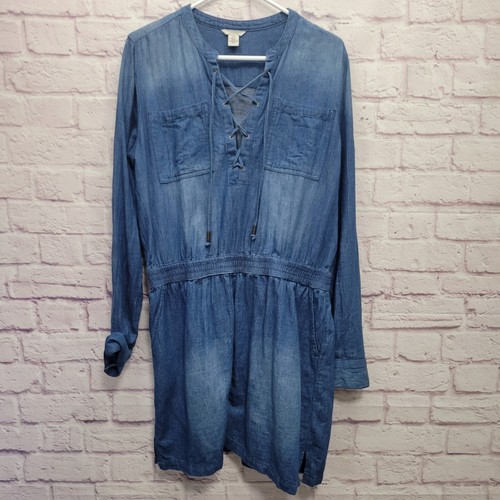 Guess Blue Denim Smocked Jumper Size L Lightweight Criss Cross Neck ...