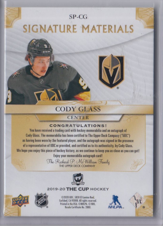 2019-20 Upper Deck The Cup Signature Materials Patch Autograph Cody ...
