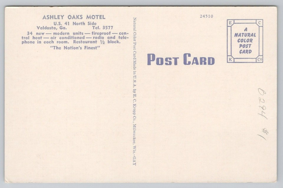 Postcard Ashley Oaks Motel Valdosta Georgia | eBay