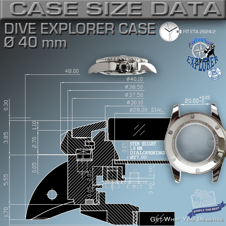 WATCH CASE SUBMARINE DIVE EXPLORER fit ETA 2824, SW200, Ø 40 MM, 200M w ...