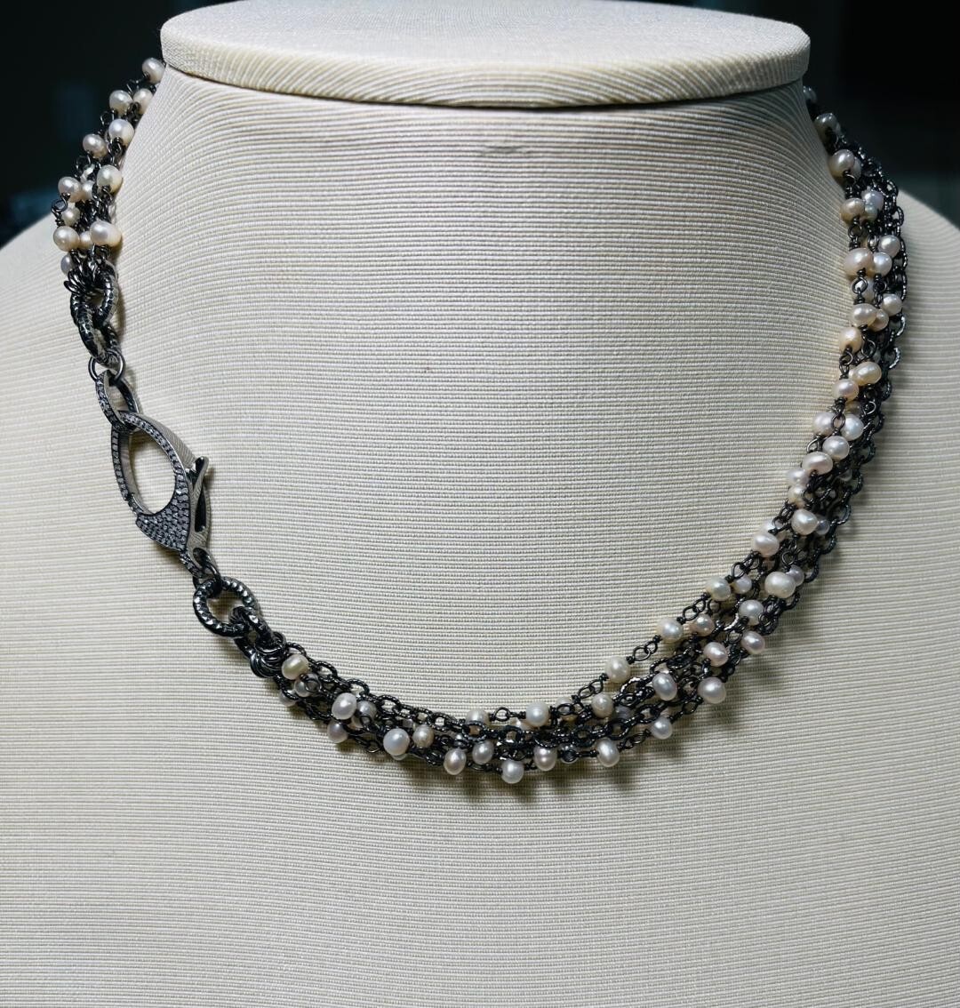 Rachel Reinhardt Pearl Multi Chain Silver Necklace Diamond Clasp 450.00 ...