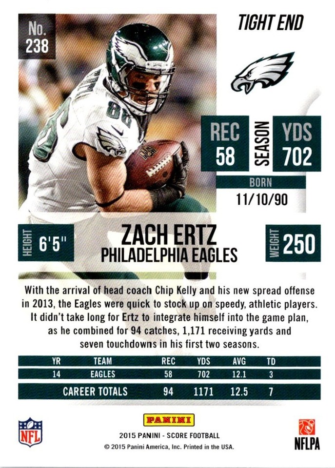 2015 Score Zach Ertz #238 Philadelphia Eagles Football Card | eBay