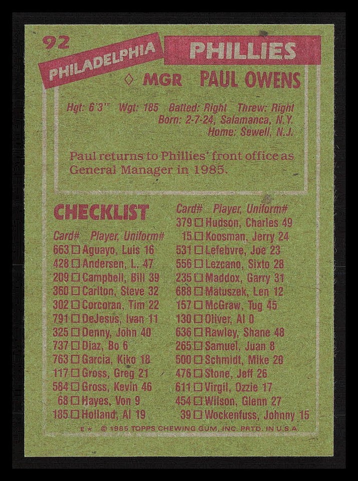 Paul Owens 1985 Topps #92 Philadelphia Phillies | eBay
