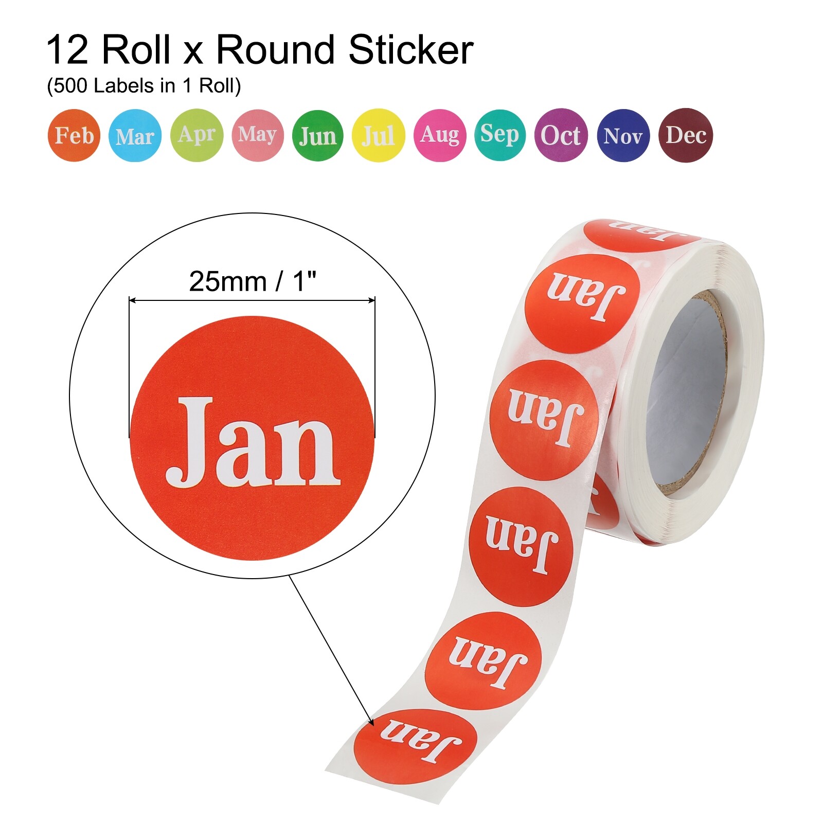 12 Roll Round Month Labels 1 Inch DIY Color Coding Circle Stickers 12 ...