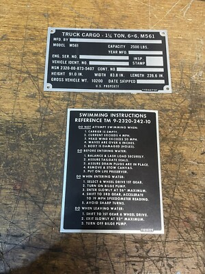 M561 Gama Goat Cargo Truck Serial Number Data Plate + Swimming ...