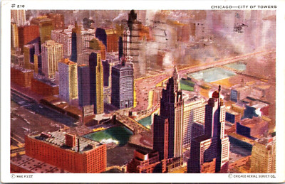 Postcard Chicago Illinois Aerial View City of Towers Posted 1935 | eBay
