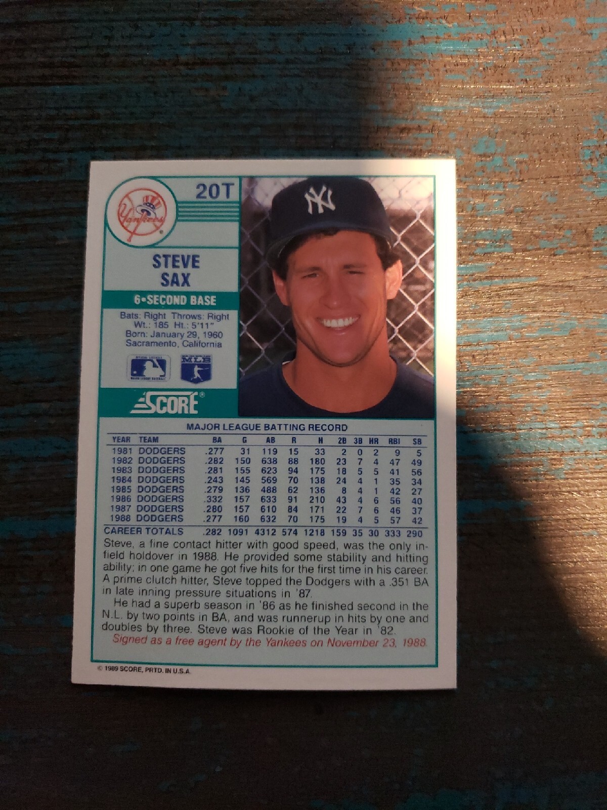 Autographed 1989 Score Baseball Card Steve Sax New York Yankees #20T ...