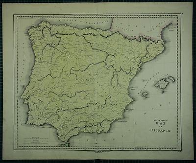 1850 LARGE ANTIQUE HAND COLOURED MAP ~ HISPANIA SPAIN BAETICA ULTERIOR ...