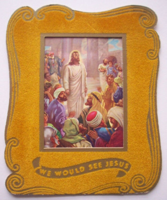 40's? We Would See Jesus vintage flocked yellow paper frame easel ...