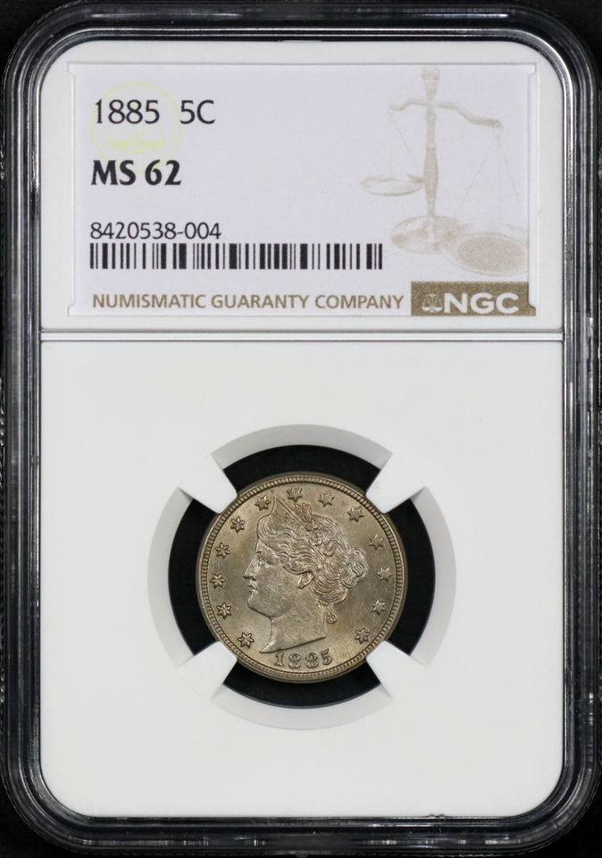 1885 LIBERTY "V" NICKEL NGC MS 62 SOFT SATIN LUSTER LIGHTLY IMBUED WITH ...