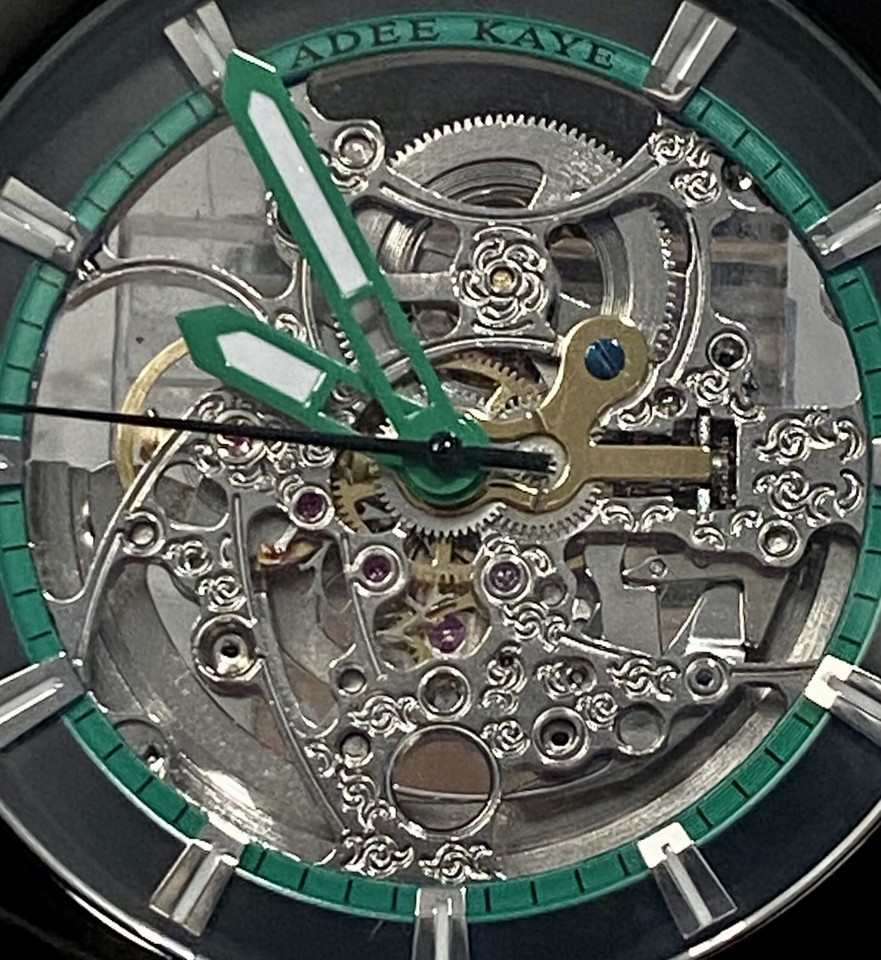 50mm Auto Green Skeleton Silvertone | Black Strap ADEE KAYE Mens ...