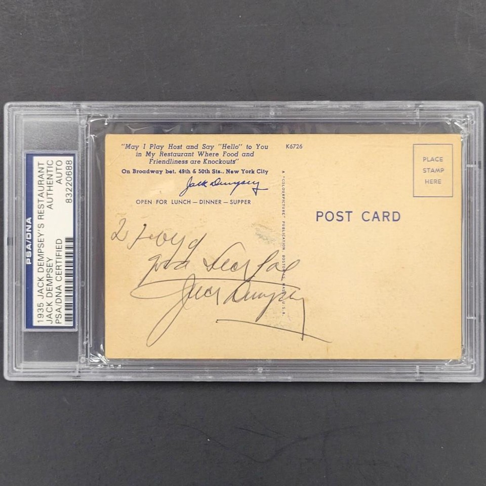 Jack Dempsey signed 3.5x5.5 Vintage New York Restaurant Postcard ...