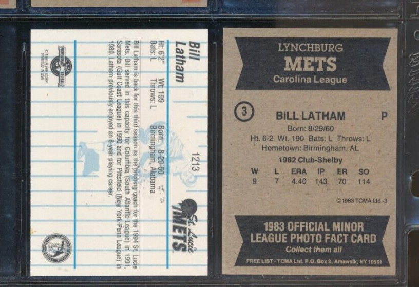 Lot (2) Bill Latham 1994 ProCards #1213 1983 TCMA #3 Signed Autograph ...