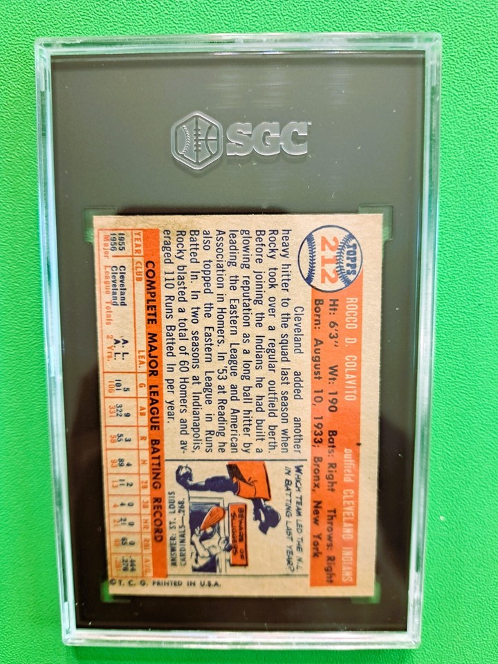 1957 Topps Rocco Colavito ROOKIE CARD #212 SGC 3 (VG) Cleveland Indians ...