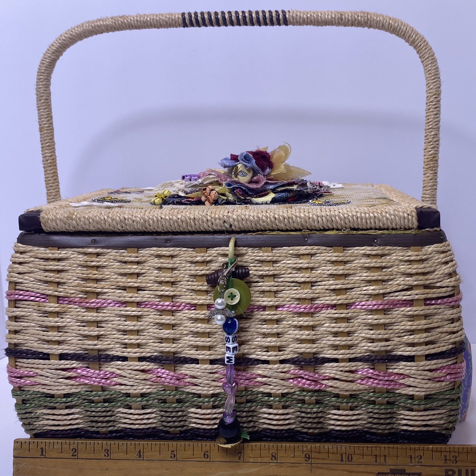 Large Wicker Sewing Basket Notions Keepsake Kit Vintage Granny Chic ...