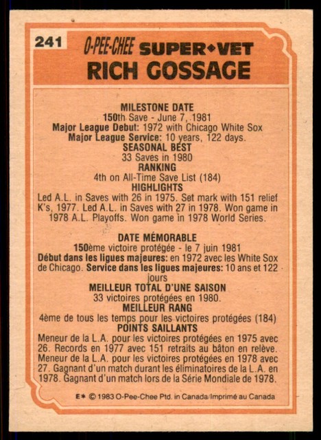 1983 O-Pee-Chee - #241 Rich Gossage for sale online | eBay